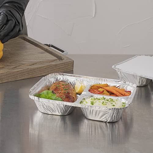 Restaurantware Foil Lux 23 Ounce Aluminum Food Containers 100 Rectangle Aluminum Pans - Lids Sold Separately 3 Compartments Silver Aluminum Foil Containers For Storing Baking And Meal Prep