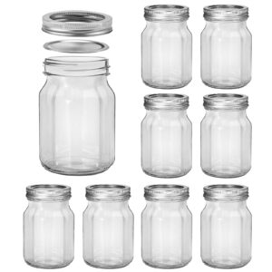 kamota mason jars, 16 oz octagonal jars with regular lids and bands, ideal for jam, honey, wedding favors, shower favors, diy spice jars, 9 pack, 10 whiteboard labels included