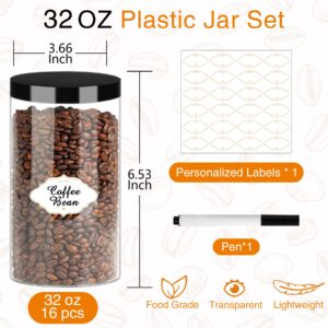 PeacePeo Plastic Jars with Lids, 16Pcs 32OZ Large Plastic Storage Jars with Black Leakproof Lids Cylinder Plastic Jars Container Reusable Clear Empty Jars for Home and Kitchen Organizing