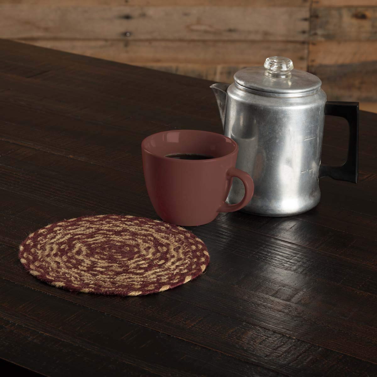 VHC Brands Classic Country Primitive Tabletop & Kitchen Jute Red Trivet, Burgundy Natural Tan 8"