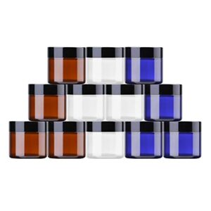 2 oz round glass jars (12 pack) - empty cosmetic containers with inner liners, black lids and glass sample jars with lables (4 each transparent, amber, cobalt blue) by thetis homes