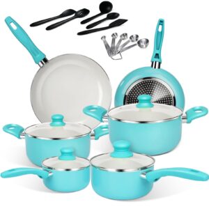 almcmy nonstick cookware set, 20 piece kitchen cookware sets, pots and pans cooking set with glass lids, stay-cool handles & cooking utensils, pfas-free, dishwasher safe, oven safe, turquoise