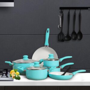 Almcmy Nonstick Cookware Set, 20 Piece Kitchen Cookware Sets, Pots and Pans Cooking Set with Glass Lids, Stay-Cool Handles & Cooking Utensils, PFAS-Free, Dishwasher Safe, Oven Safe, Turquoise