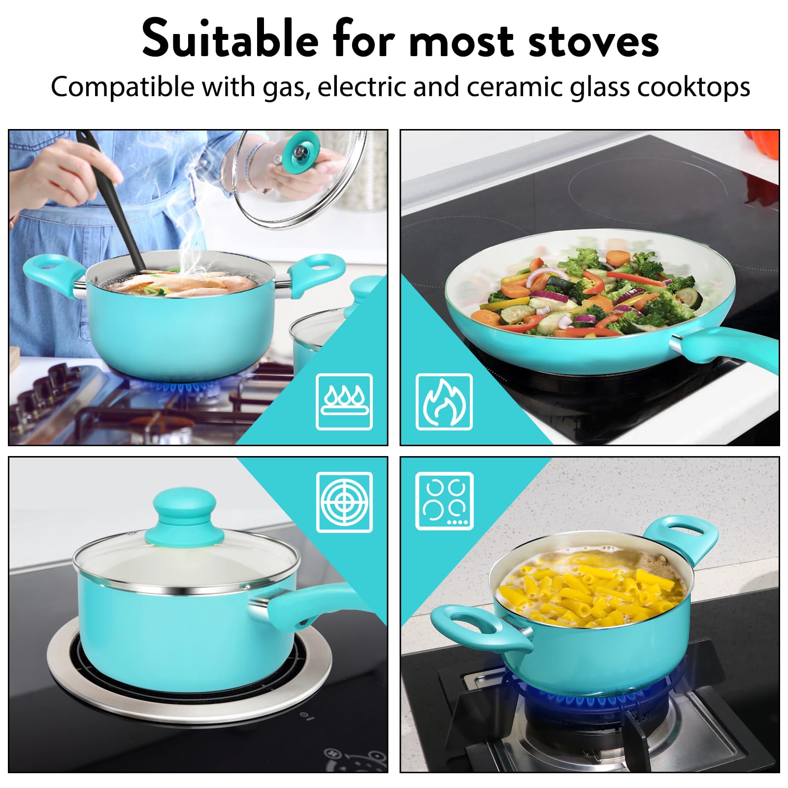 Almcmy Nonstick Cookware Set, 20 Piece Kitchen Cookware Sets, Pots and Pans Cooking Set with Glass Lids, Stay-Cool Handles & Cooking Utensils, PFAS-Free, Dishwasher Safe, Oven Safe, Turquoise