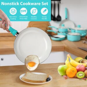 Almcmy Nonstick Cookware Set, 20 Piece Kitchen Cookware Sets, Pots and Pans Cooking Set with Glass Lids, Stay-Cool Handles & Cooking Utensils, PFAS-Free, Dishwasher Safe, Oven Safe, Turquoise