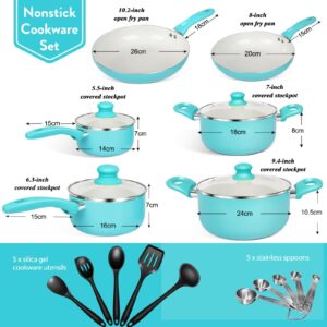 Almcmy Nonstick Cookware Set, 20 Piece Kitchen Cookware Sets, Pots and Pans Cooking Set with Glass Lids, Stay-Cool Handles & Cooking Utensils, PFAS-Free, Dishwasher Safe, Oven Safe, Turquoise