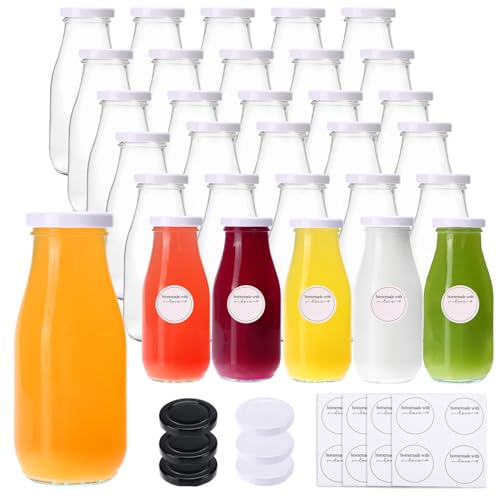 CUCUMI 30pcs 12oz Glass Milk Bottle with Lid, Small Reusable Vintage Glass Milk Jars Drinking Juice Bottles with 60 Lids and Waterproof Labels