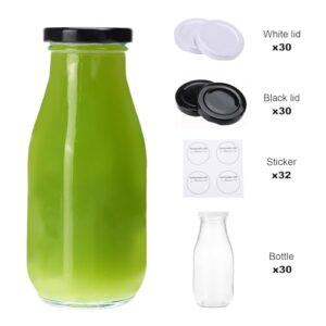 CUCUMI 30pcs 12oz Glass Milk Bottle with Lid, Small Reusable Vintage Glass Milk Jars Drinking Juice Bottles with 60 Lids and Waterproof Labels