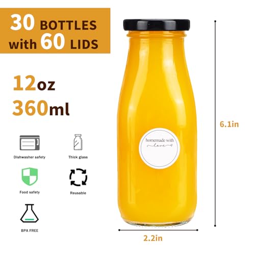 CUCUMI 30pcs 12oz Glass Milk Bottle with Lid, Small Reusable Vintage Glass Milk Jars Drinking Juice Bottles with 60 Lids and Waterproof Labels