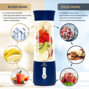 Portable Blender - 18 Oz USB Rechargeable Personal Size Blender for Shakes and Smoothies - 150W Power With 6 Blades And Pulse Mode - With Cup Lid for Traveling, Outdoor, Gym, Office (Royal Blue)