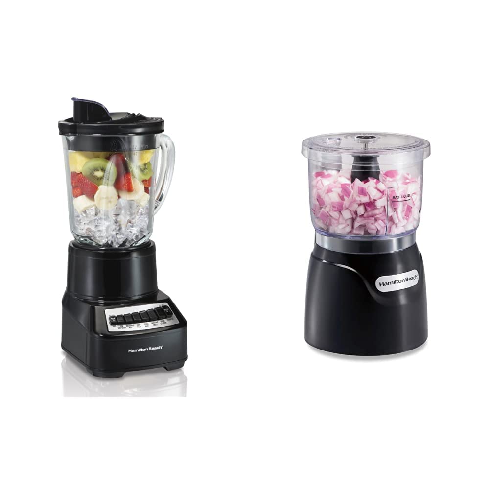 Hamilton Beach Wave Crusher Blender with 14 Functions & 40oz Glass Jar for Shakes and Smoothies, Black & Electric Vegetable Chopper & Mini Food Processor, 3-Cup, 350 Watts, Black