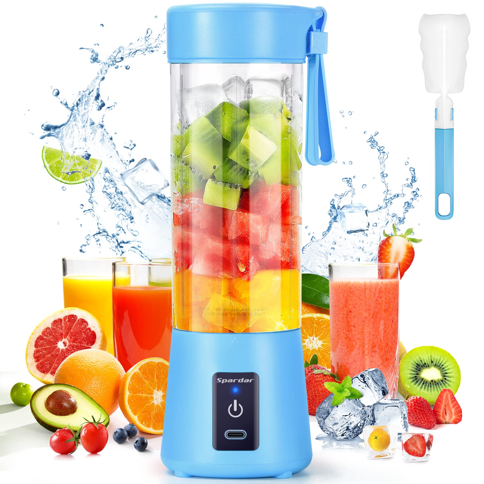 Spardar Portable Blender for Shakes and Smoothies, 4000mAh Personal Blender with 6 Blades, USB Rechargeable Blender Bottles Electric, Mini Blender Cup Portable Juicer for Home Sports Outdoors (Blue)