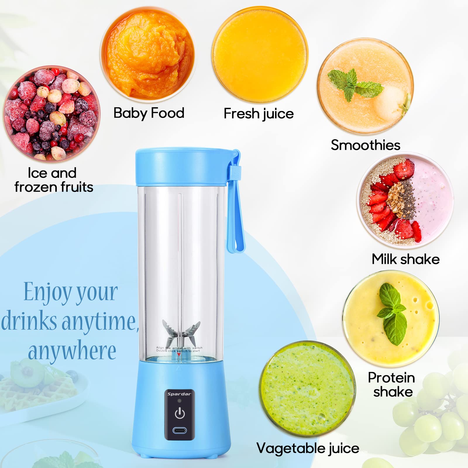 Spardar Portable Blender for Shakes and Smoothies, 4000mAh Personal Blender with 6 Blades, USB Rechargeable Blender Bottles Electric, Mini Blender Cup Portable Juicer for Home Sports Outdoors (Blue)