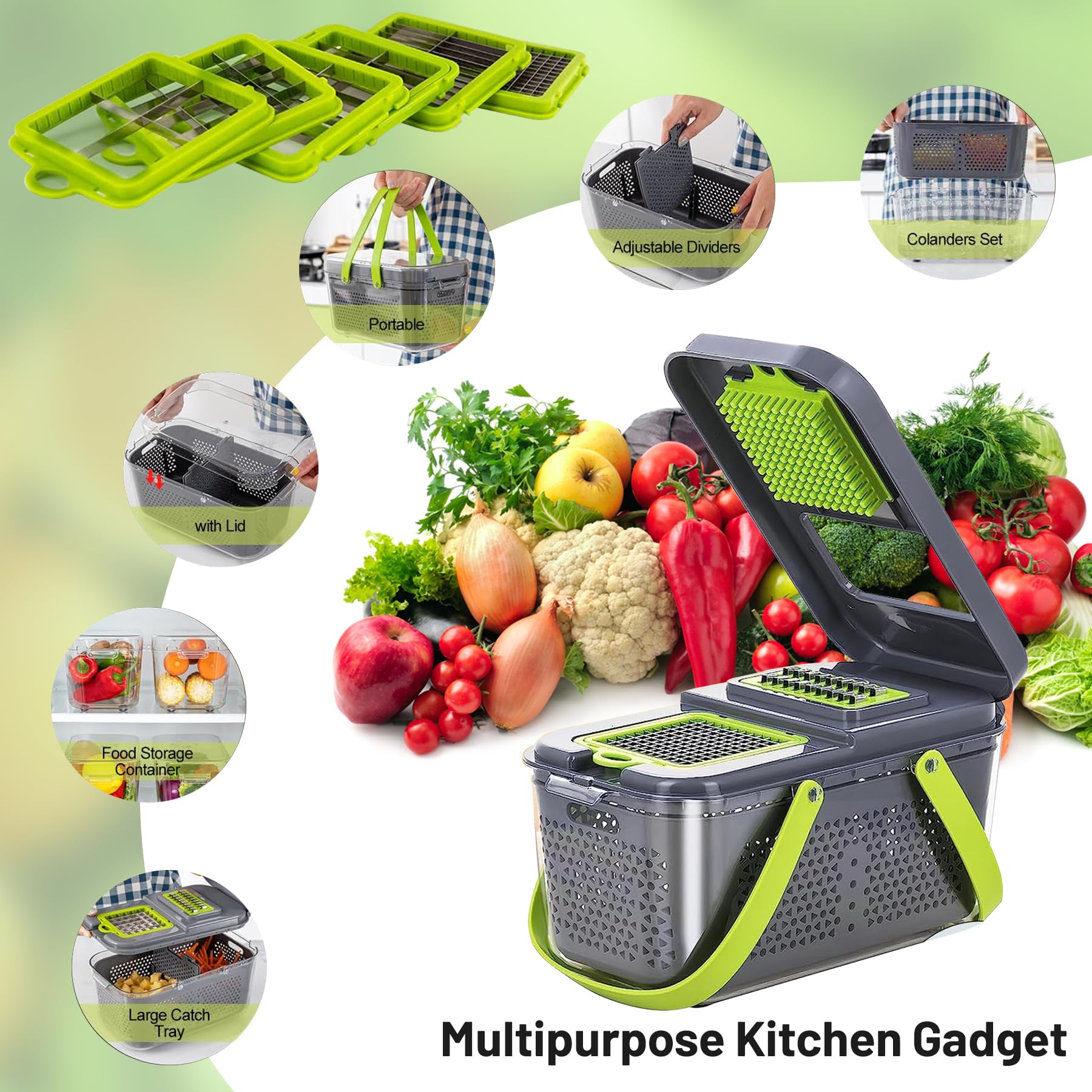 Countertop Vegetable Chopper, Multifunctional 21-in-1 Veggie Chopper, Vegetable Slicer Cutter Dicer Onion Chopper with Container, Manual Food Chopper with 8 Blades (Grey)