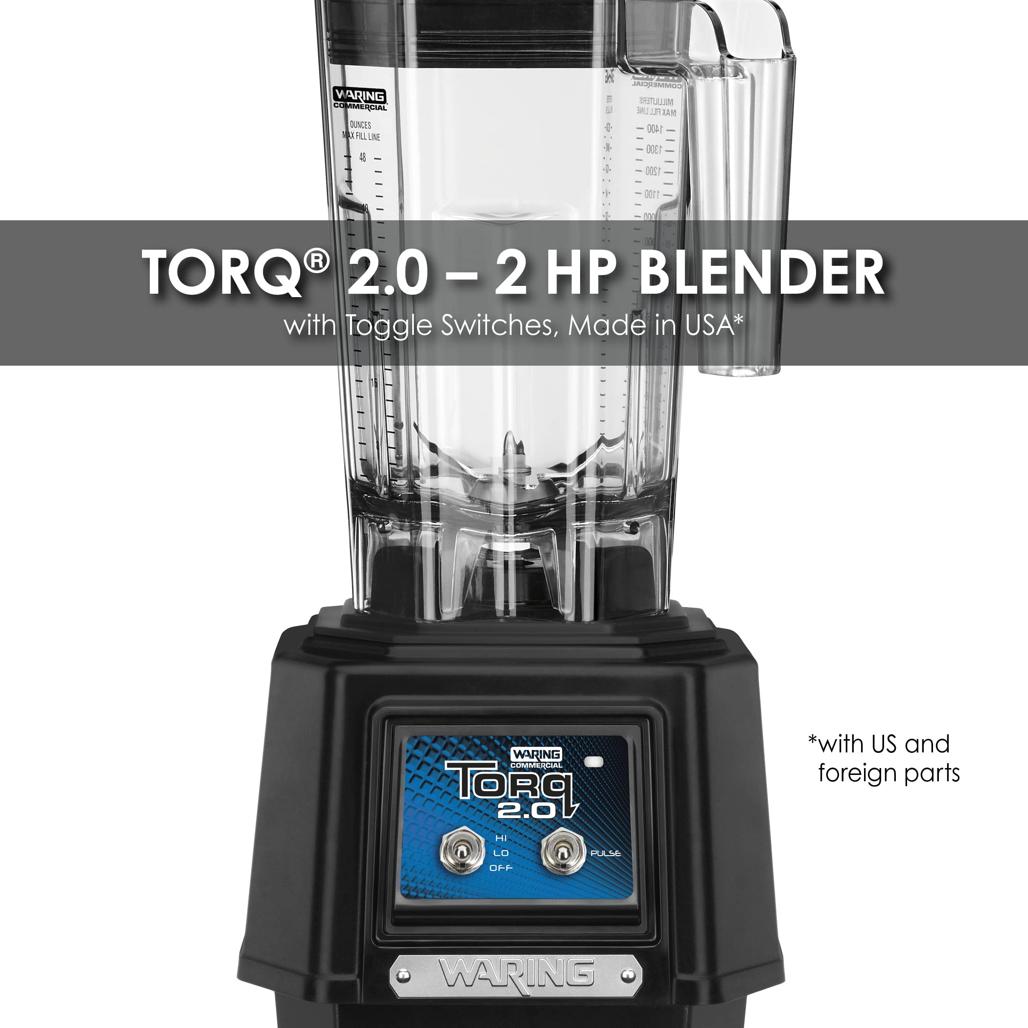 Waring Commercial TBB145 TORQ 2 Horsepower Blender, 2 Speed Toggle Switch Controls, with 48 oz. BPA Free Container, 120V, 5-15 Phase Plug, 9 x 15.75 x 11.5 inches, Multicolor