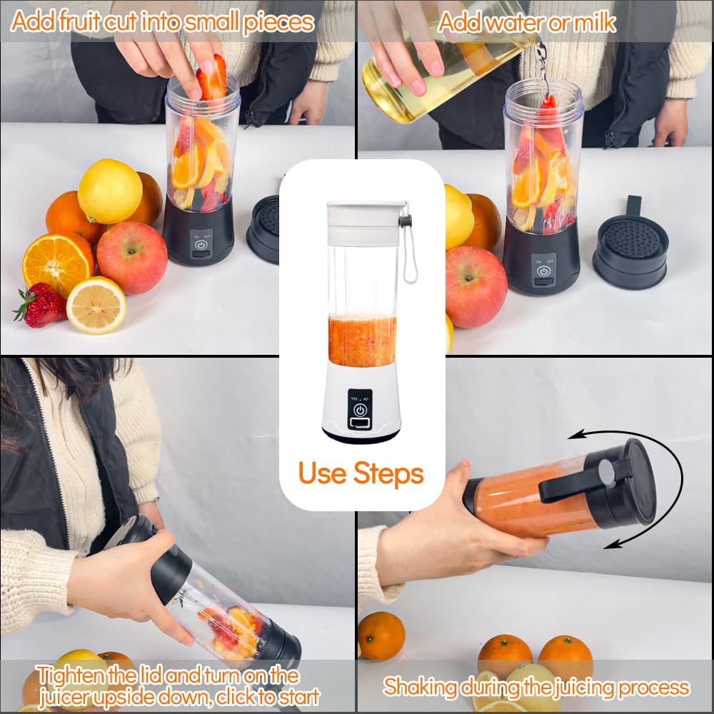 Portable Blender for Shakes and Smoothies Personal Small Drink Electric Blender Cup USB Rechargeable 380ml(13oz) and 6 Blades Shake Mixer Tarvel Mini Fresh Juice Blender Bottle with a Straw (black)