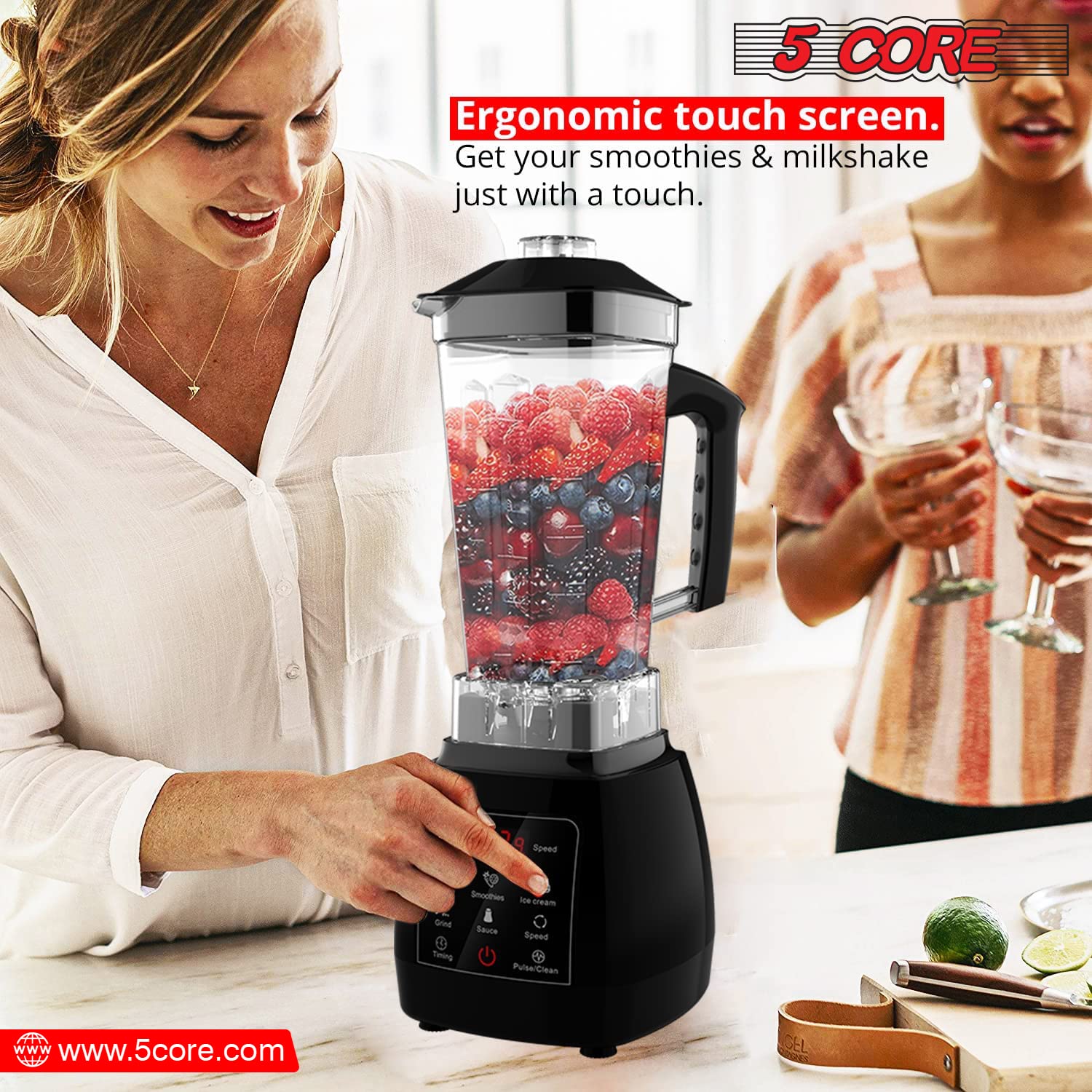 5 Core 2L Professional Countertop Blender Touch Screen For Kitchen 68 Oz 2000W High Speed BPA Free 6 Titanium Blade Smoothie Blender Electric For Soup Shake Juice Multi-Speed Digital JB 2000 D