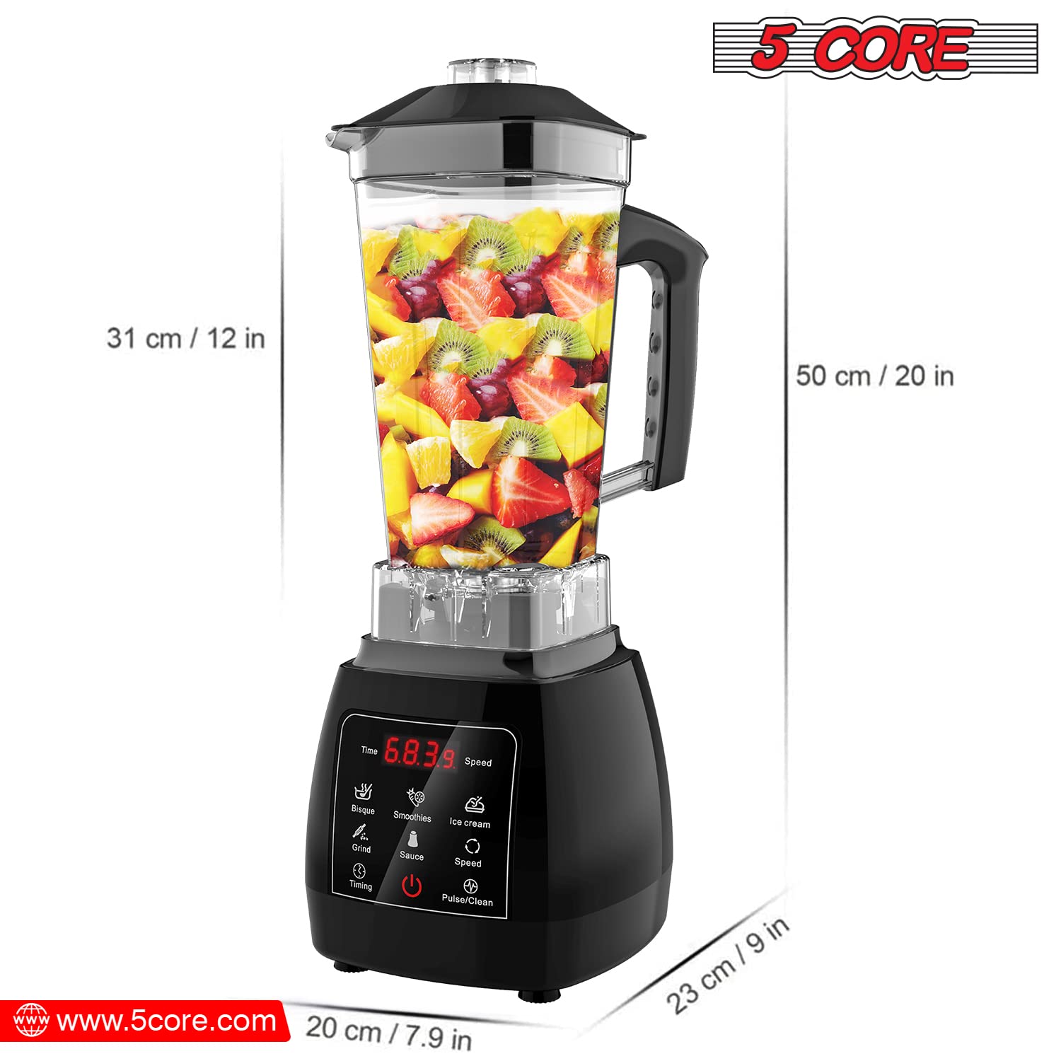 5 Core 2L Professional Countertop Blender Touch Screen For Kitchen 68 Oz 2000W High Speed BPA Free 6 Titanium Blade Smoothie Blender Electric For Soup Shake Juice Multi-Speed Digital JB 2000 D