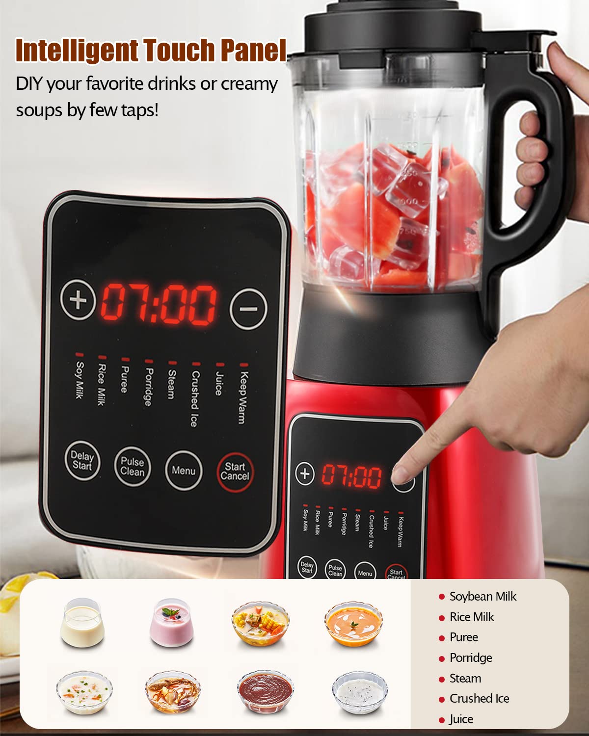 Moongiantgo Professional Cooking Blender for Kitchen Hot Cold with 8 Presets, 59Oz Glass Jar, 58000RPM High Speed Quiet for Smoothie Shake Red 110V