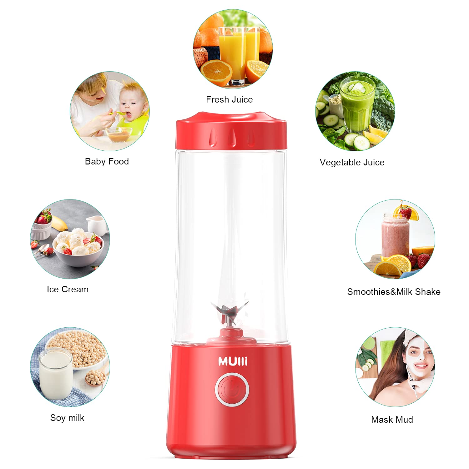 Mulli Portable Blender,16oz USB Personal Mixer for Smoothie and Shakes, Mini Blender with Six Blades for Baby Food,Travel,Gym and More