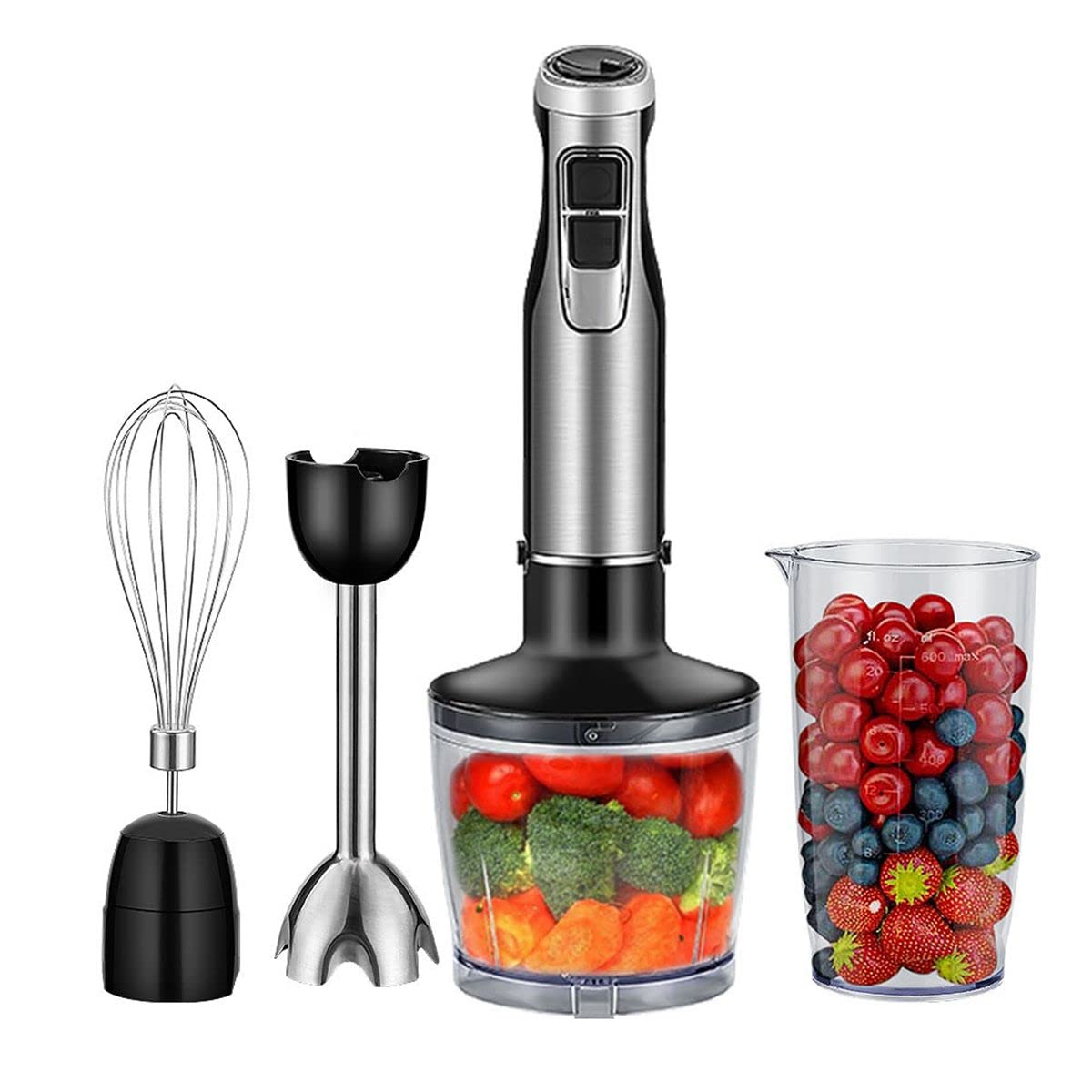 Immersion Multi-Purpose Hand Blender Heavy Duty Copper Motor Stainless Steel Finish Includes Whisk Attachment, Chopper and Smoothies Cup