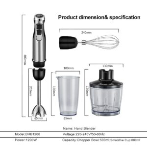 Immersion Multi-Purpose Hand Blender Heavy Duty Copper Motor Stainless Steel Finish Includes Whisk Attachment, Chopper and Smoothies Cup