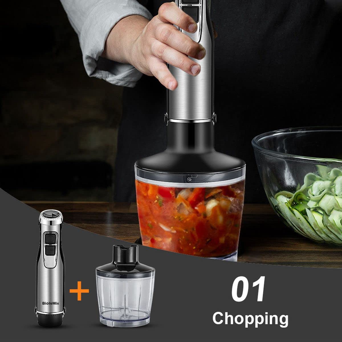 Immersion Multi-Purpose Hand Blender Heavy Duty Copper Motor Stainless Steel Finish Includes Whisk Attachment, Chopper and Smoothies Cup