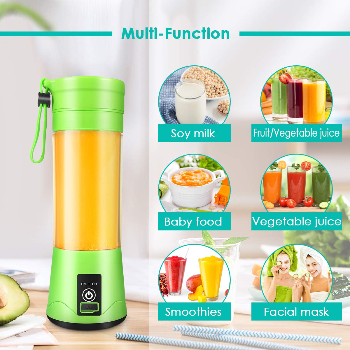 Portable Blender, Personal Blender Shakes and Smoothies, Mini Blender 2000mAh USB Rechargeable with Six Blades, Juicer Cup for Sports Travel and Outdoors