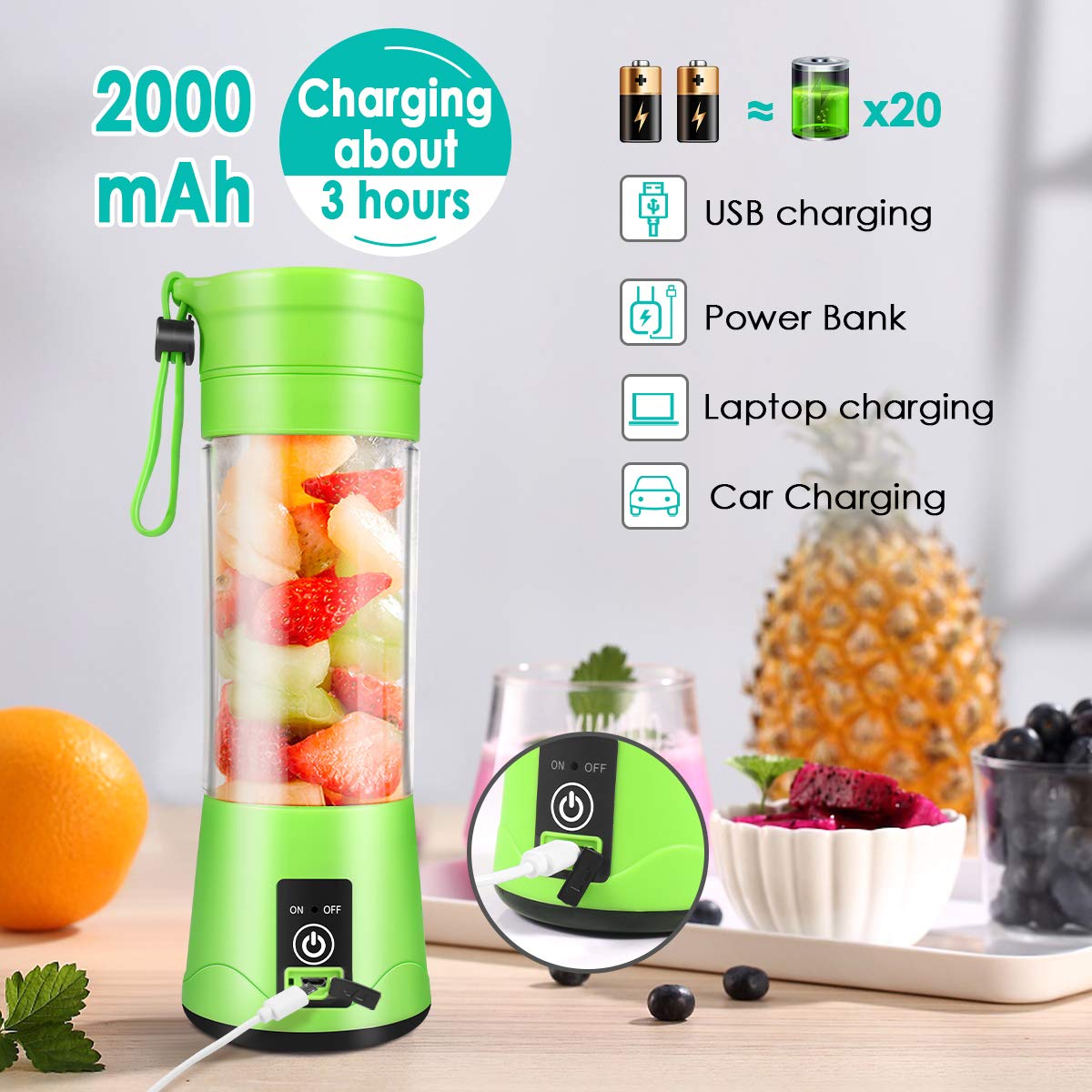 Portable Blender, Personal Blender Shakes and Smoothies, Mini Blender 2000mAh USB Rechargeable with Six Blades, Juicer Cup for Sports Travel and Outdoors