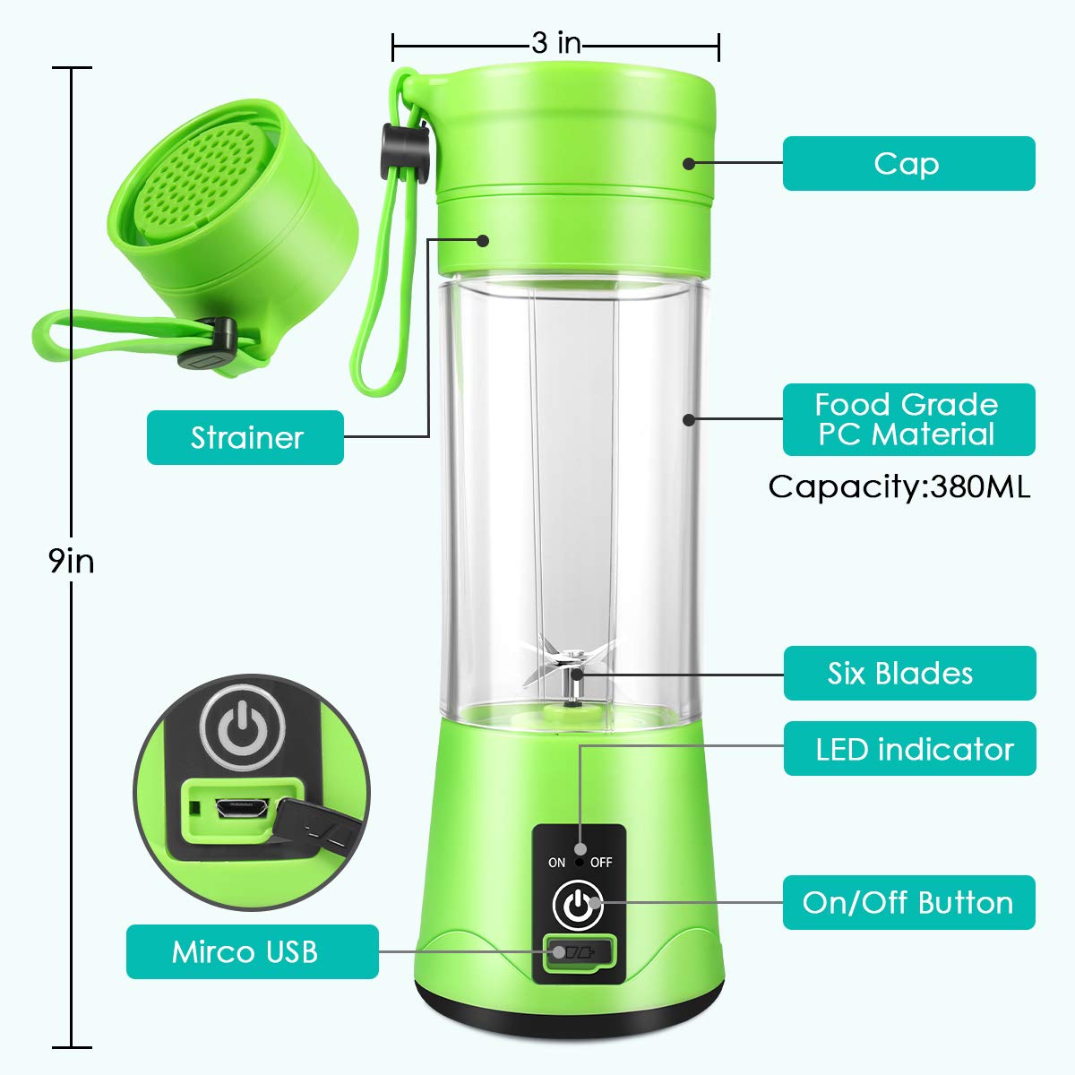 Portable Blender, Personal Blender Shakes and Smoothies, Mini Blender 2000mAh USB Rechargeable with Six Blades, Juicer Cup for Sports Travel and Outdoors