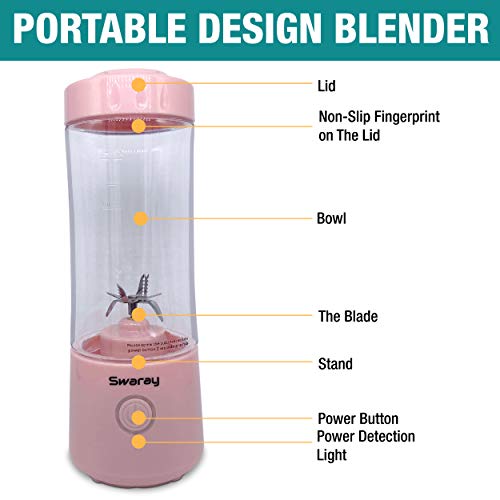 Swaray Portable Blender, 13.5 Oz Personal Size Blender, Juicer Cup for Juice, Crushed Ice, Smoothies and Shakes, 4000mAh USB Rechargeable with Six Blades, Mini Blender for Travel, Gym, Sports, Office, and Outdoors (Pink)