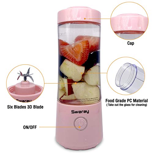 Swaray Portable Blender, 13.5 Oz Personal Size Blender, Juicer Cup for Juice, Crushed Ice, Smoothies and Shakes, 4000mAh USB Rechargeable with Six Blades, Mini Blender for Travel, Gym, Sports, Office, and Outdoors (Pink)