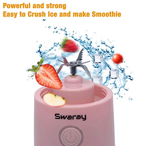 Swaray Portable Blender, 13.5 Oz Personal Size Blender, Juicer Cup for Juice, Crushed Ice, Smoothies and Shakes, 4000mAh USB Rechargeable with Six Blades, Mini Blender for Travel, Gym, Sports, Office, and Outdoors (Pink)