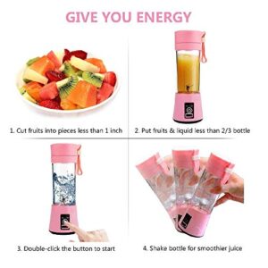 Aizbao 380ml Portable Blender, Six Blades 3D Juice 380ml cup, Small Fruit Mixer, Personal Mixer Fruit Rechargeable with USB, Mini Blender for Milk Shakes, Smoothie, Fruit Juice (new pink)