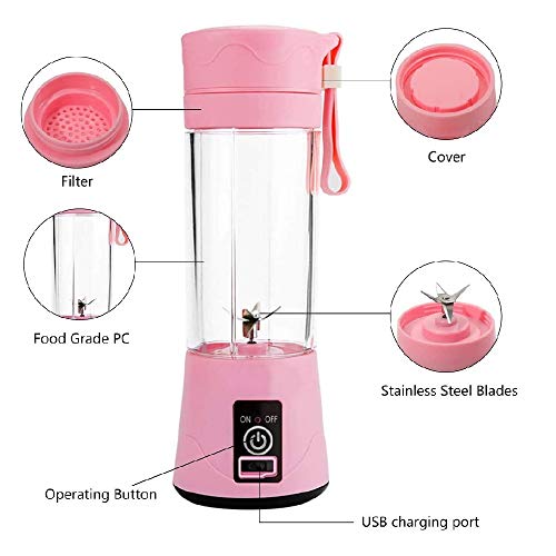 Aizbao 380ml Portable Blender, Six Blades 3D Juice 380ml cup, Small Fruit Mixer, Personal Mixer Fruit Rechargeable with USB, Mini Blender for Milk Shakes, Smoothie, Fruit Juice (new pink)