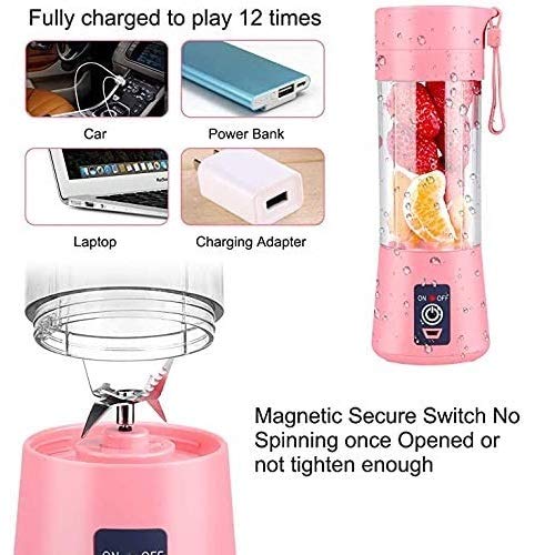 Aizbao 380ml Portable Blender, Six Blades 3D Juice 380ml cup, Small Fruit Mixer, Personal Mixer Fruit Rechargeable with USB, Mini Blender for Milk Shakes, Smoothie, Fruit Juice (new pink)