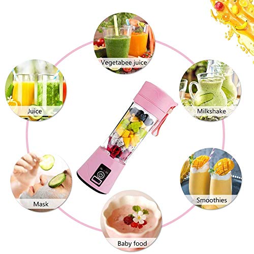 Aizbao 380ml Portable Blender, Six Blades 3D Juice 380ml cup, Small Fruit Mixer, Personal Mixer Fruit Rechargeable with USB, Mini Blender for Milk Shakes, Smoothie, Fruit Juice (new pink)