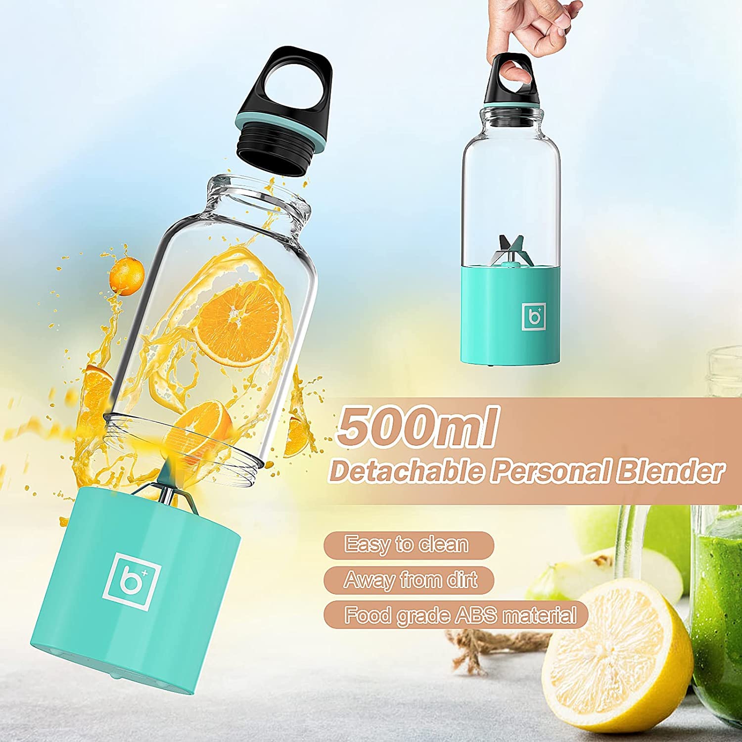 Portable Personal Mini Smoothie Blender: USB rechargeable battery operated bottle blender, Neon blue