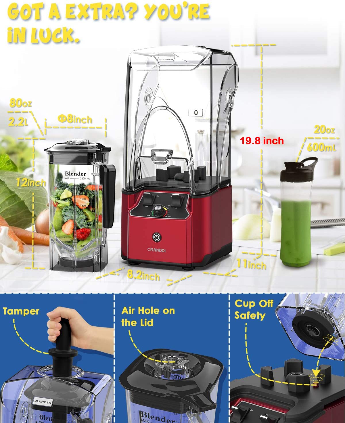 CRANDDI Quiet Shield Blender K90-B bundle with K90-R, 2200W,80 oz Pithcer