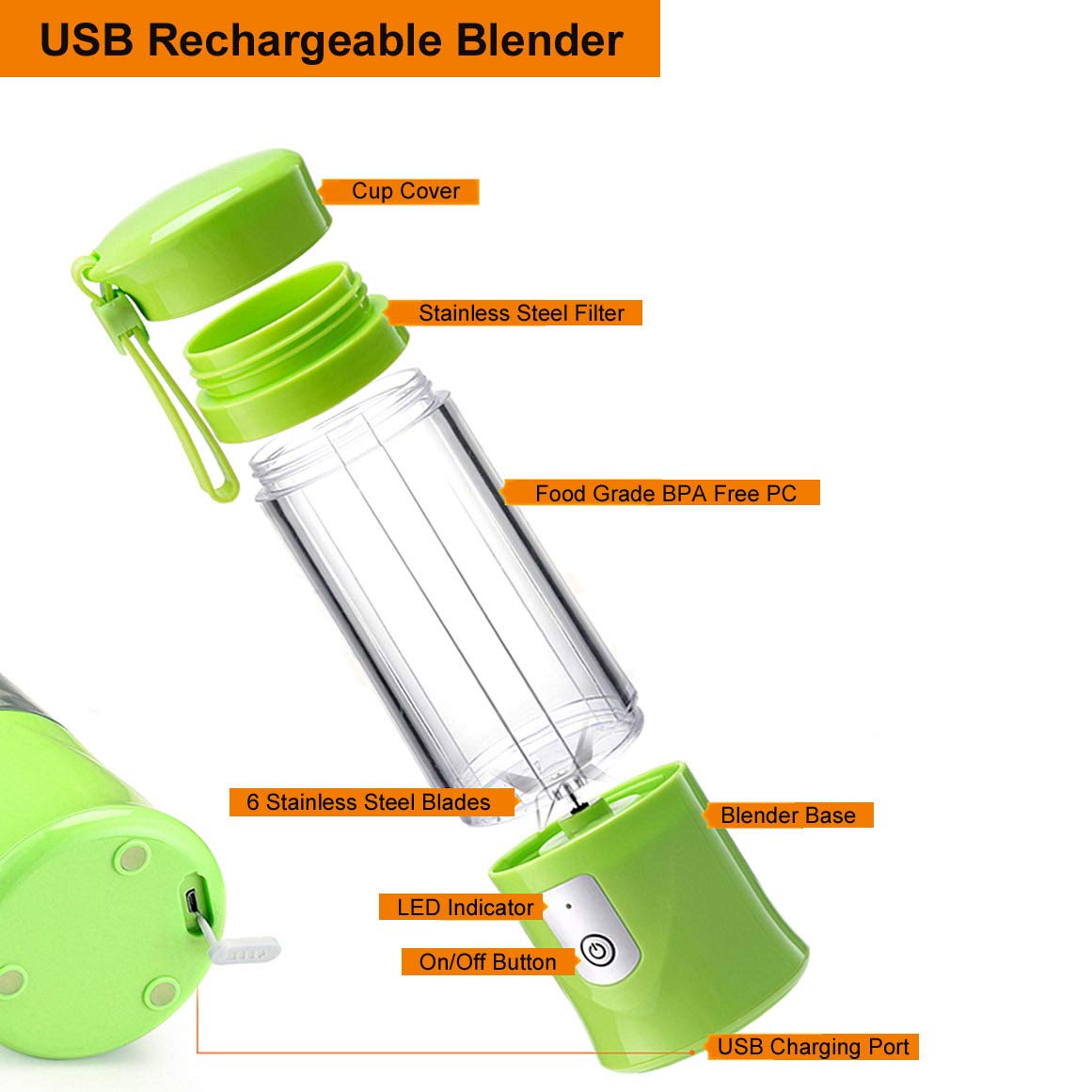 La Hestiare Portable Blender, 420ml, Green, USB Rechargeable, 7.4V Double Power Motor, 6 Blades Mixing, Safe & Easy to Clean