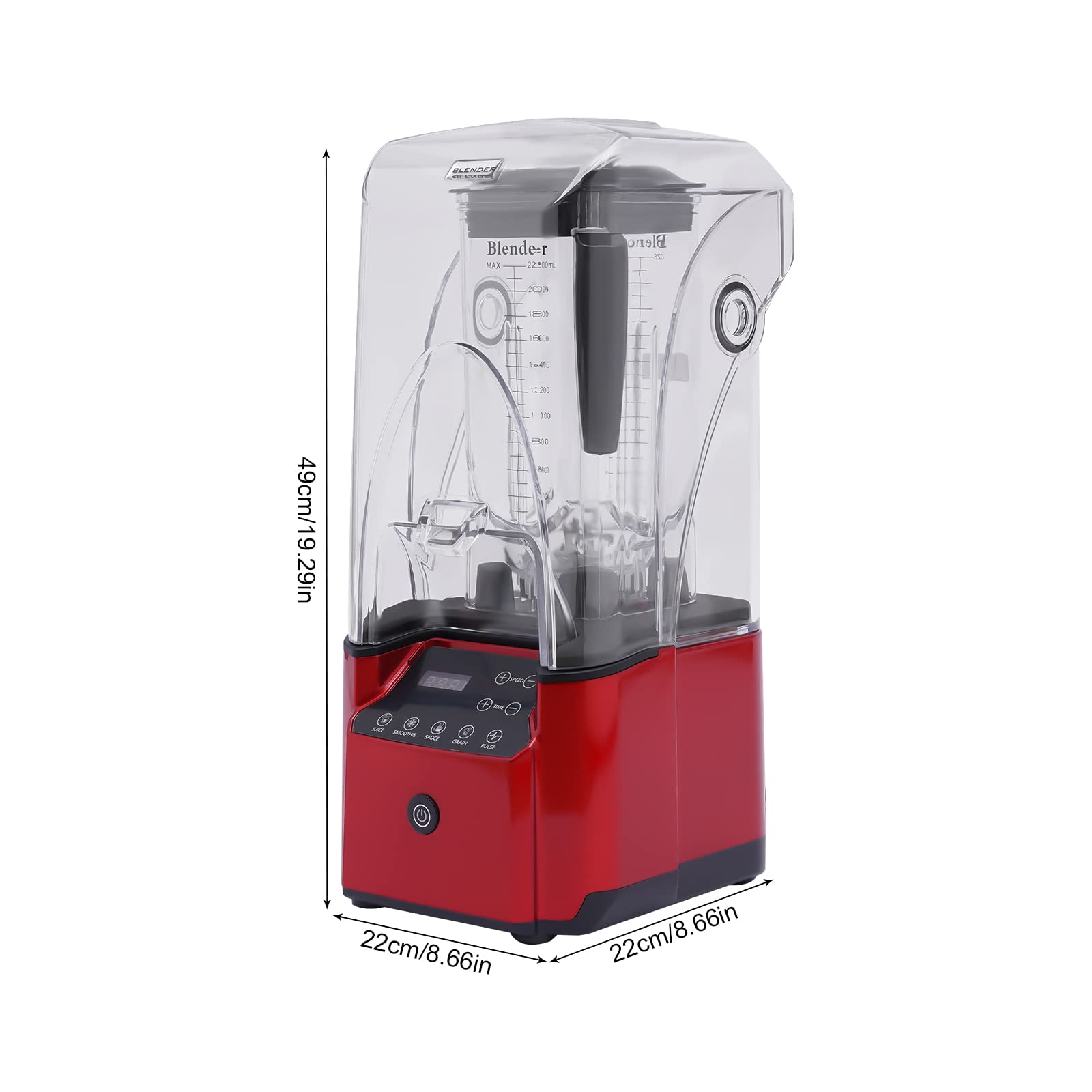 DNYSYSJ 2200W Professional Heavy-Duty Commercial Blender With Shield, Quiet Sound Enclosure, Timer, Red, Black, Clear