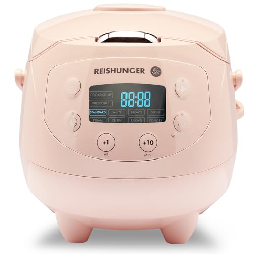 Reishunger Digital Mini Rice Cooker & Steamer, Pink with Keep-Warm Function & Timer - 3.5 Cups - Small Rice Cooker Japanese Style with Ceramic Inner Pot - 8 Programs - 1-3 People