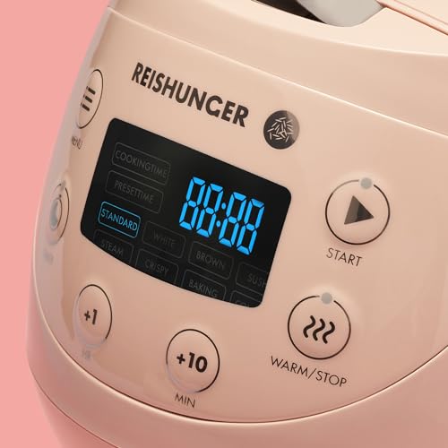 Reishunger Digital Mini Rice Cooker & Steamer, Pink with Keep-Warm Function & Timer - 3.5 Cups - Small Rice Cooker Japanese Style with Ceramic Inner Pot - 8 Programs - 1-3 People