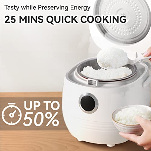 FEEKAA Small Rice Cooker 2 Cup, Mini Japanese Rice Cooker, 6-in-1 Portable Slow Cooker, Travel Rice Maker, Soup Maker, Stew Pot, Keep Warm & Delay Timer, White, 1.2L