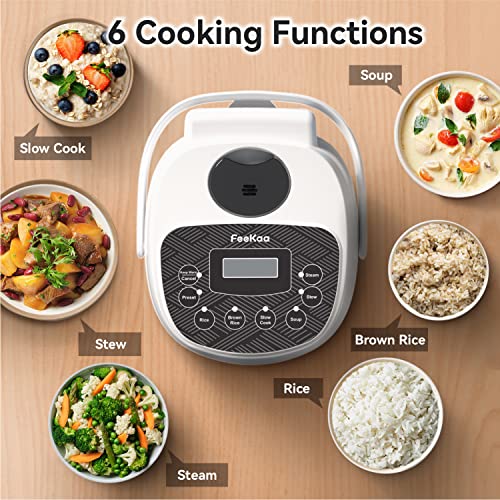 FEEKAA Small Rice Cooker 2 Cup, Mini Japanese Rice Cooker, 6-in-1 Portable Slow Cooker, Travel Rice Maker, Soup Maker, Stew Pot, Keep Warm & Delay Timer, White, 1.2L