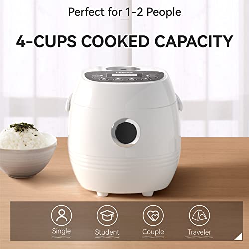 FEEKAA Small Rice Cooker 2 Cup, Mini Japanese Rice Cooker, 6-in-1 Portable Slow Cooker, Travel Rice Maker, Soup Maker, Stew Pot, Keep Warm & Delay Timer, White, 1.2L