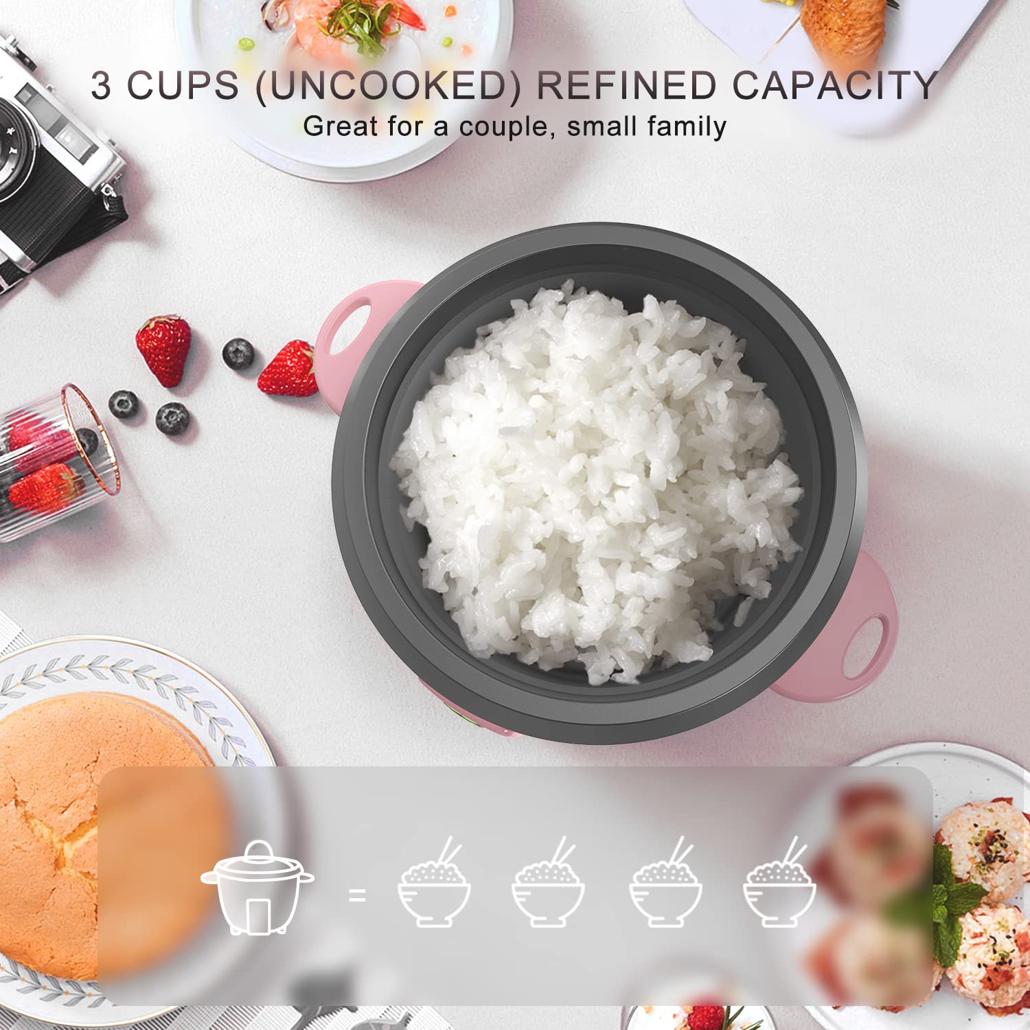 Mishcdea Small Rice Cooker 3 Cups Uncooked, Electric Mini Rice Cooker with Food Steamer Basket, Removable Nonstick Pot, 12H Automatic Keep Warm, for Rice, Soups, Stews, Grains, Oatmeal - White