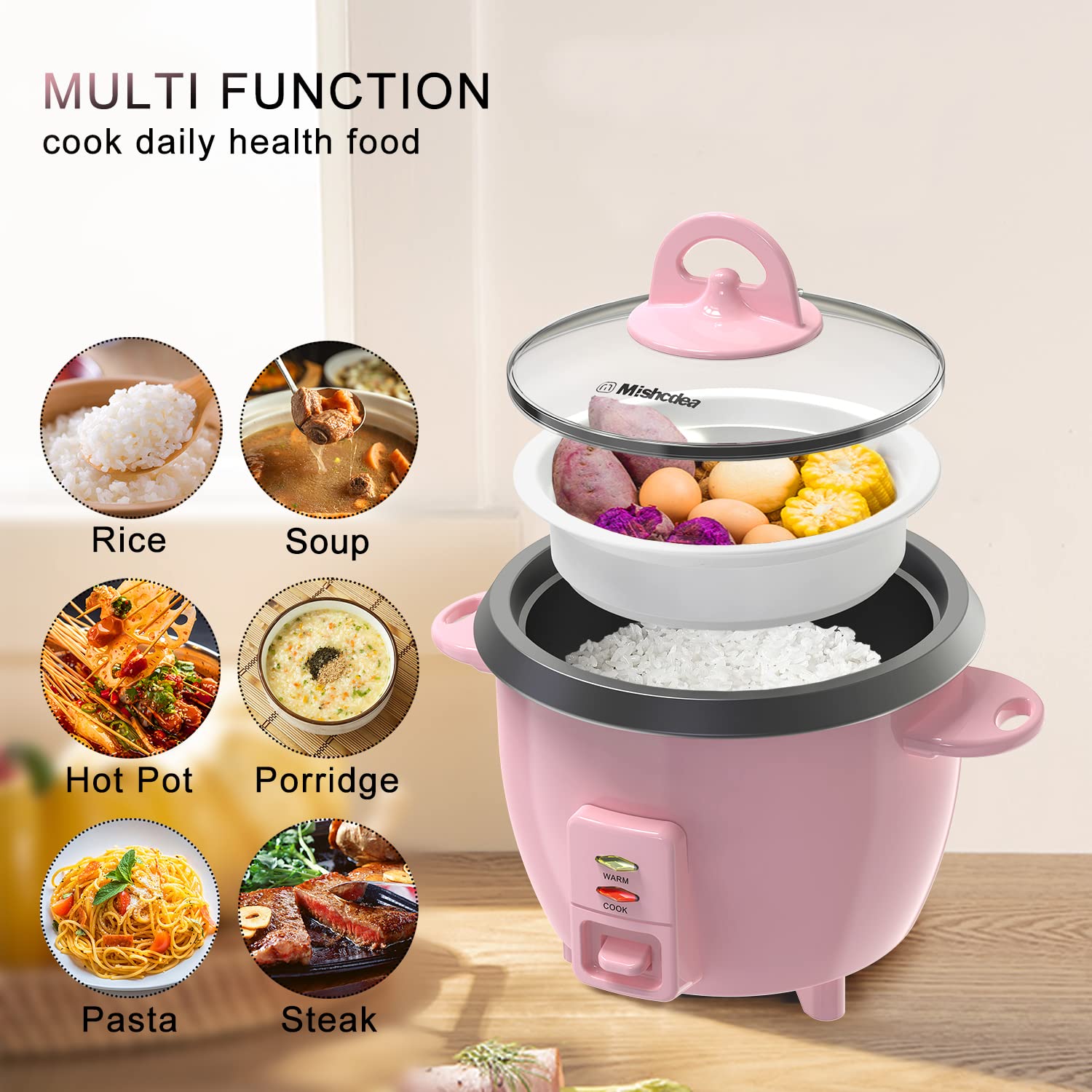 Mishcdea Small Rice Cooker 3 Cups Uncooked, Electric Mini Rice Cooker with Food Steamer Basket, Removable Nonstick Pot, 12H Automatic Keep Warm, for Rice, Soups, Stews, Grains, Oatmeal - White