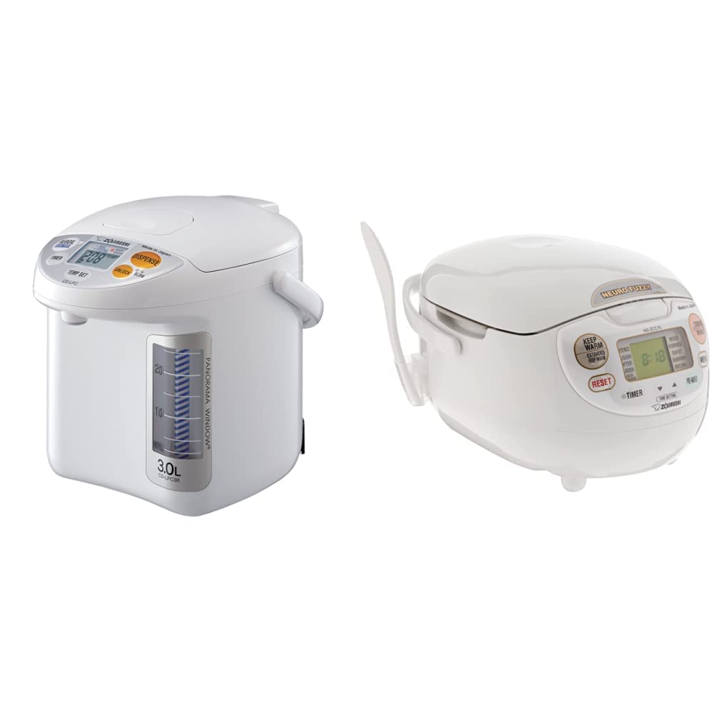 Zojirushi CD-LFC30 Panorama Window Micom Water Boiler and Warmer, 101 oz/3.0 L, White & NS-ZCC10 Neuro Fuzzy Rice Cooker, 5.5-Cup, White