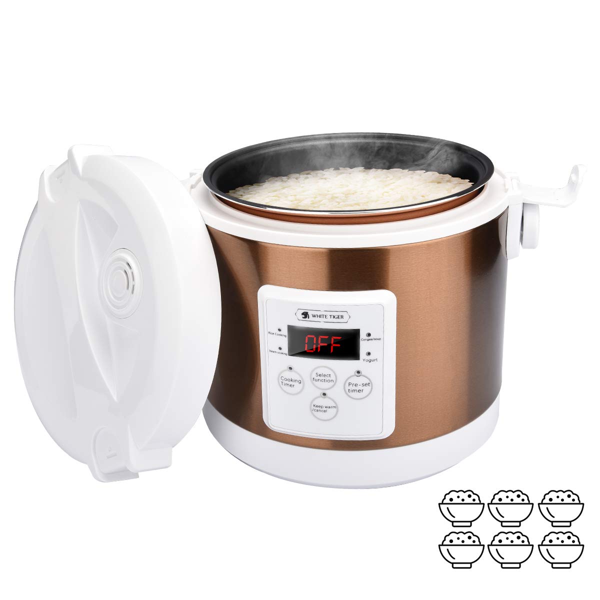 HOMCORT 2.0L Mini Rice Cooker, 25 Minutes Fast Cooking, 3 Cups (Uncooked), with Non-stick Pot, Keep Warm Function, for Soup, Rice, Stews, Grains & Oatmeal - Gold